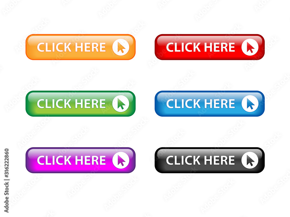 Colorful vector rectangular CLICK HERE web buttons with pointer symbol ...
