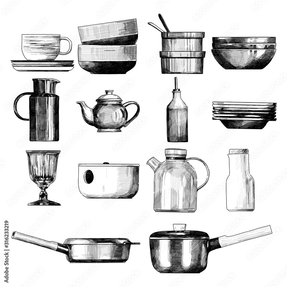 home tableware set, sketch vector graphics monochrome illustration on ...