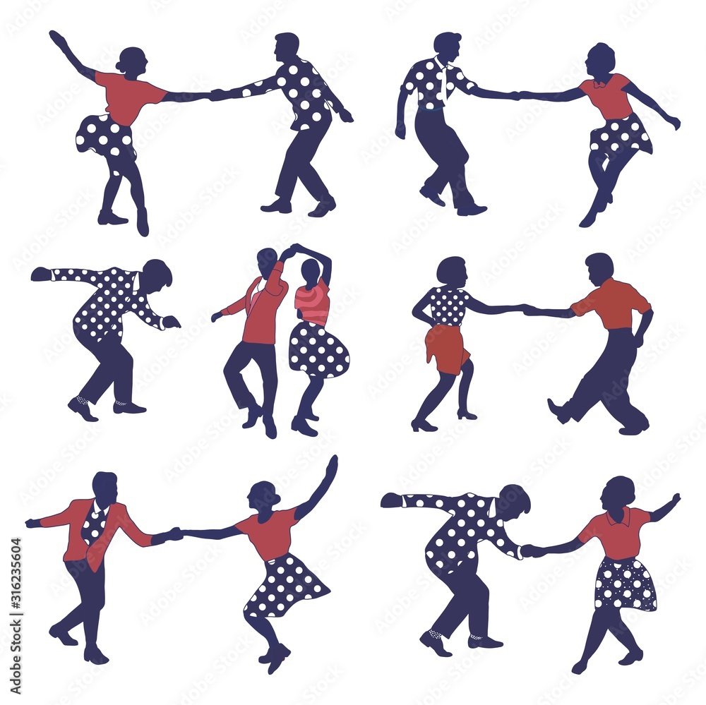 Set retro colored dancing people in a retro swing isolated. People in ...