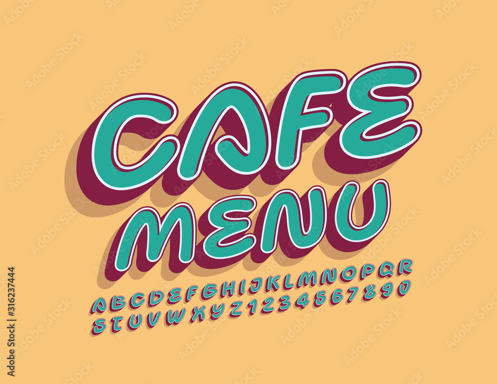 Vector colorful Sign Cafe Menu. 3D trendy Font. Retro Alphabet Letters ...