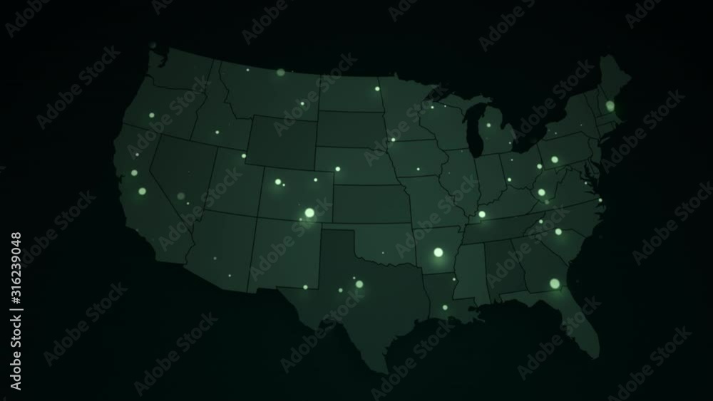 Cinematic United States Map with flickering lights. Night view military ...