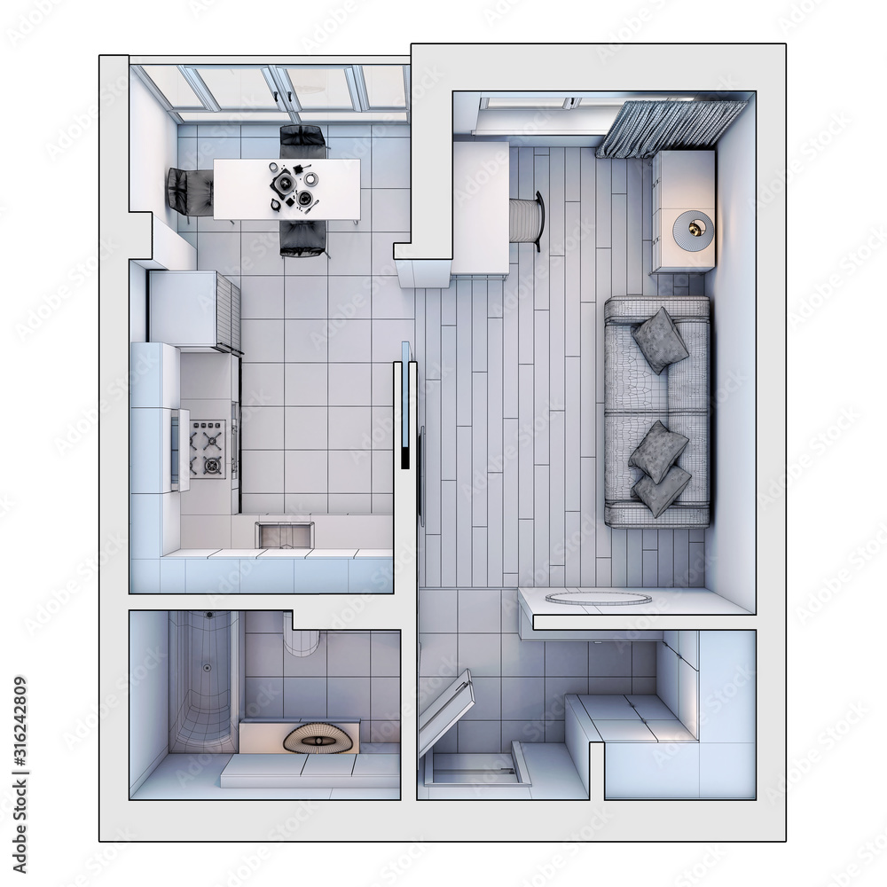 Floor plan of the apartment with a geometric grid. Top view on 3d model ...