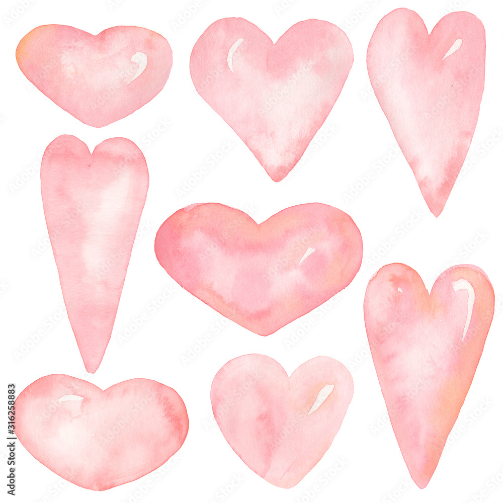 Watercolor pastel Hearts, Valentine Day elements, Clipart. Hand painted ...