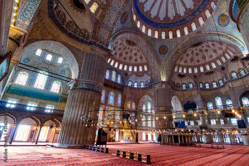 istanbul, turkey - AUG 18, 2015: inside interior of blue mosque also ...