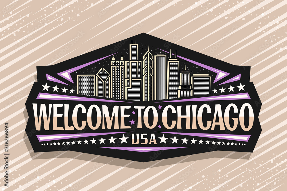 Vector logo for Chicago, dark decorative tag with draw illustration of ...