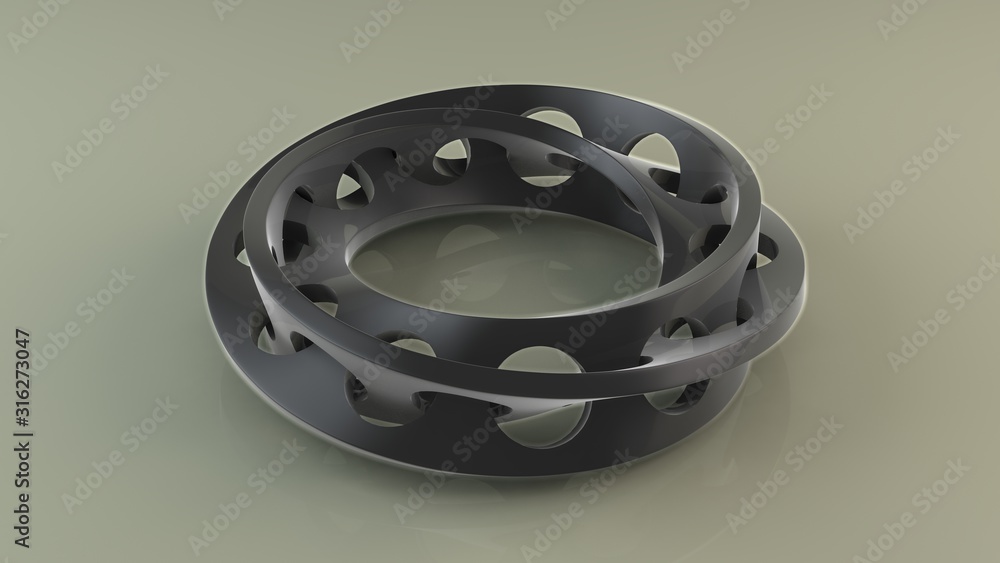 3D rendering of an abstract Mobius tape, tangled and twisted. The cage ...