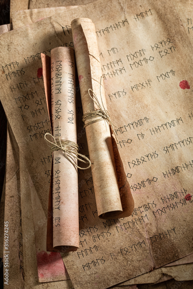 Extraordinary scribe library full of medieval and old scrolls Stock ...