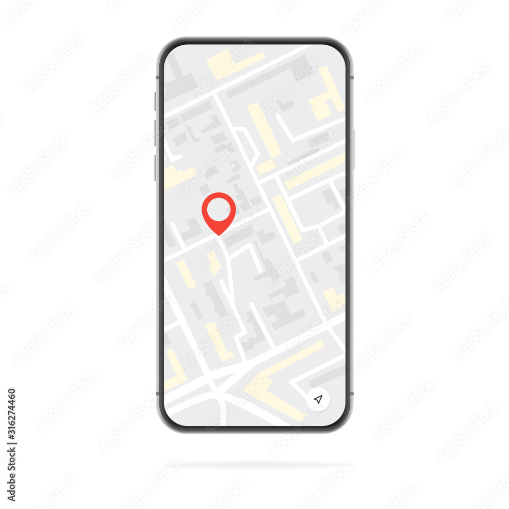 Smartphone with a map on the phone screen and a red GPS dot, isolated ...