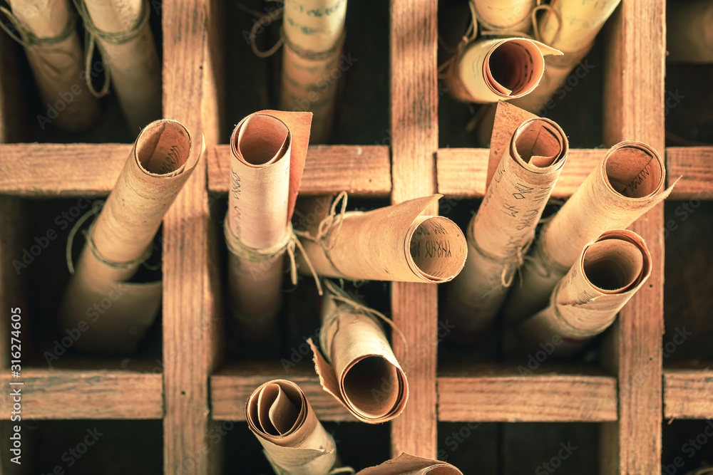 Poster Vintage scribe library with scrolls based of futhark alphabet ...