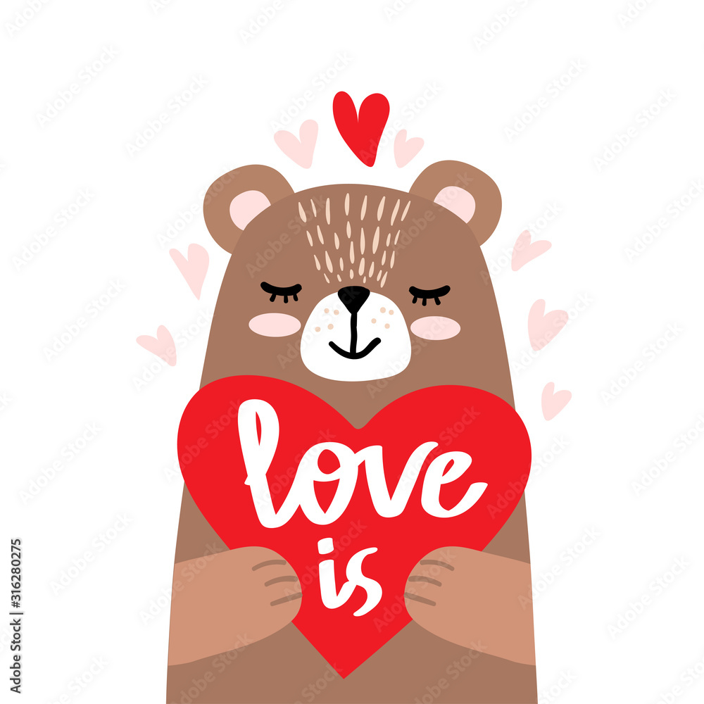 Cute little bear holding red heart and lettering - love is. Vector ...