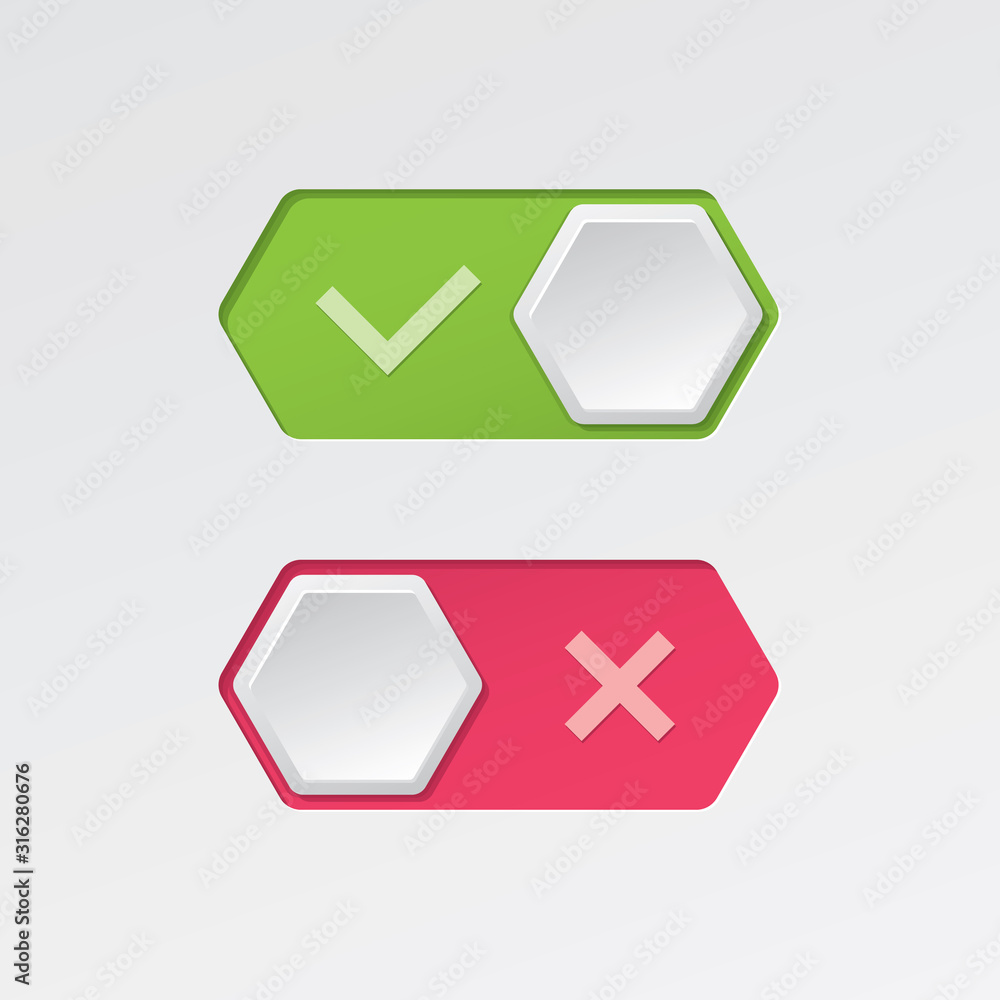 On and Off Hexagonal Toggle Switch Buttons with Check Marks Modern ...