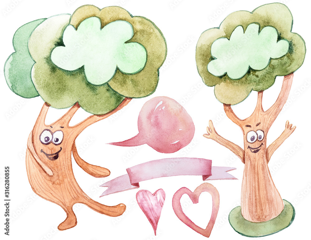 Watercolor hand painted cute cartoon trees clipart with different ...