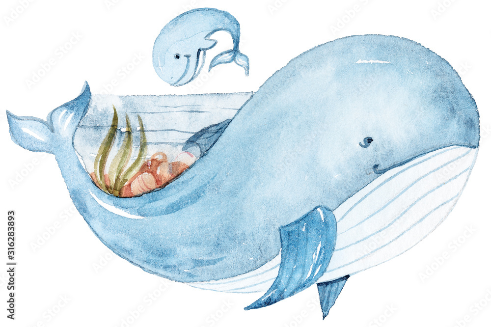 Watercolor cartoon whale character on white background. Sea ...