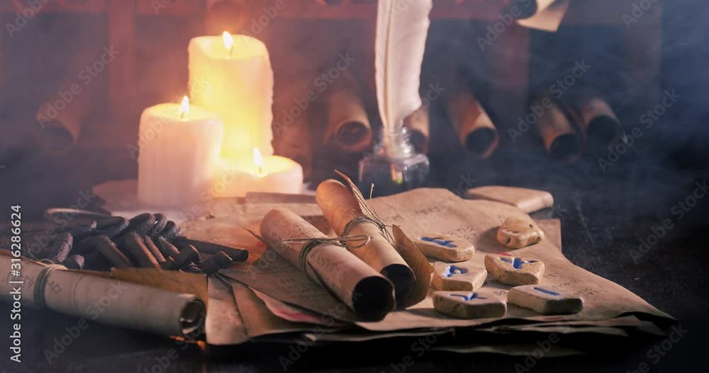 Magic library full of medieval and old scrolls Stock ビデオ | Adobe Stock