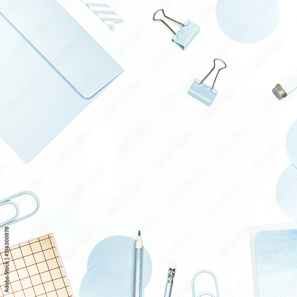 stationery envelope invitation card flatlay light blue workspace ...