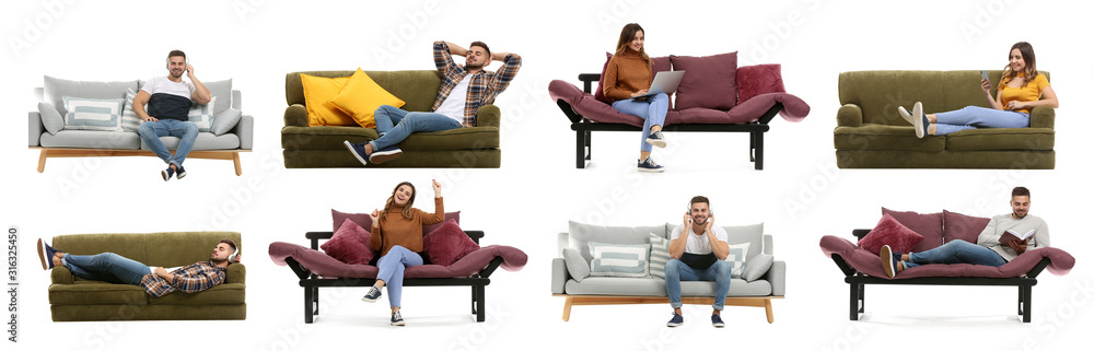 Collage with young people resting on sofas against white background ...