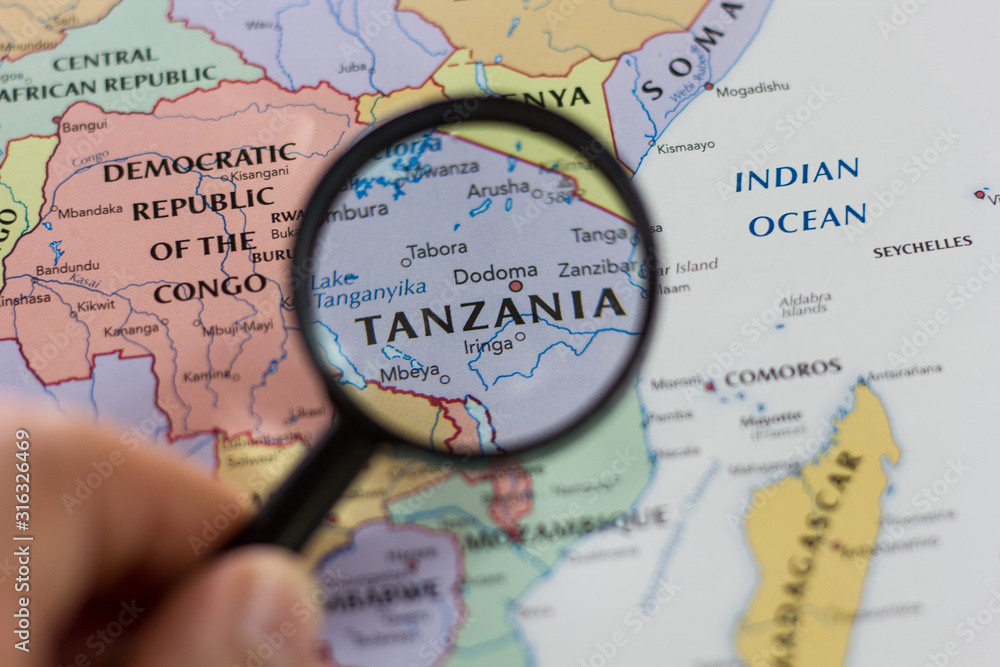 Tanzania on the map of the world. Stock Photo | Adobe Stock