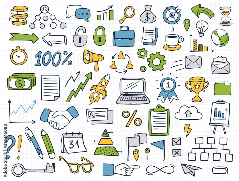Colorful business icons in doodle style. Vector Illustration can be use ...