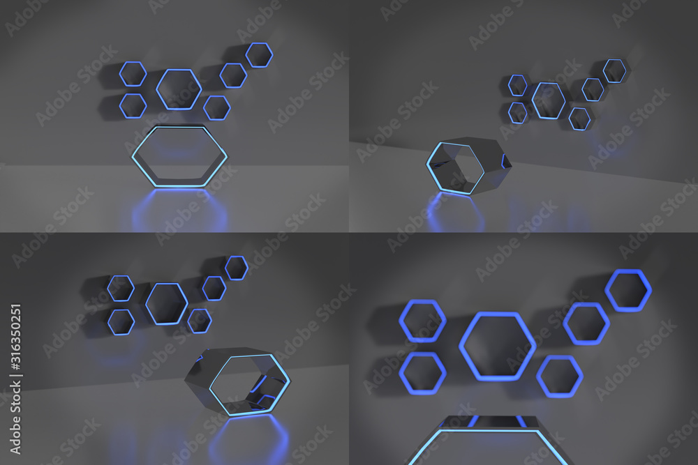 4 in 1. Set of hexagon podium or product stand stage and blur wall background with glow light ...