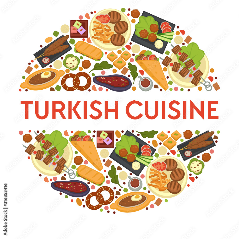Turkish cuisine dishes, restaurant menu, food of Turkey Stock Vector ...