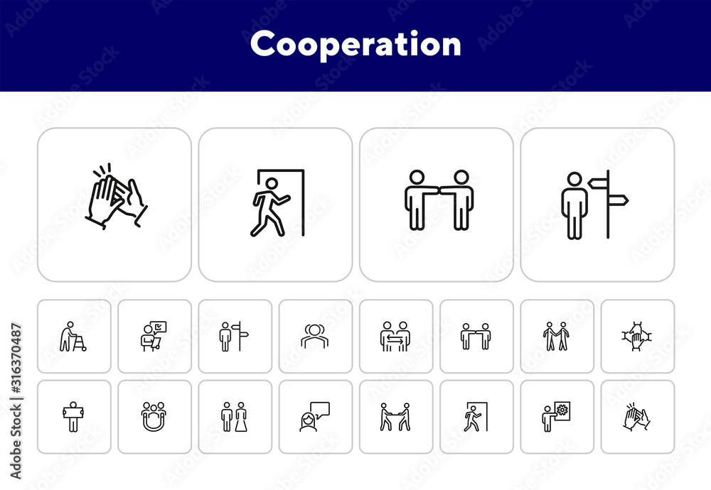 Cooperation line icon set. People, team, partner, family. People ...