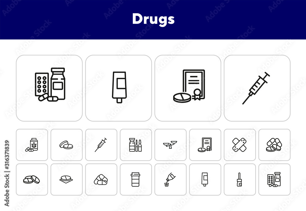 Drugs icon set. Drugstore concept. Vector illustration can be used for ...