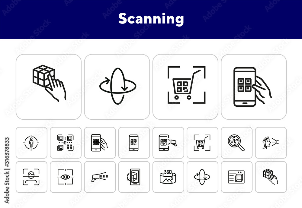 Scanning line icon set. Barcode, eye scanning, face detection ...