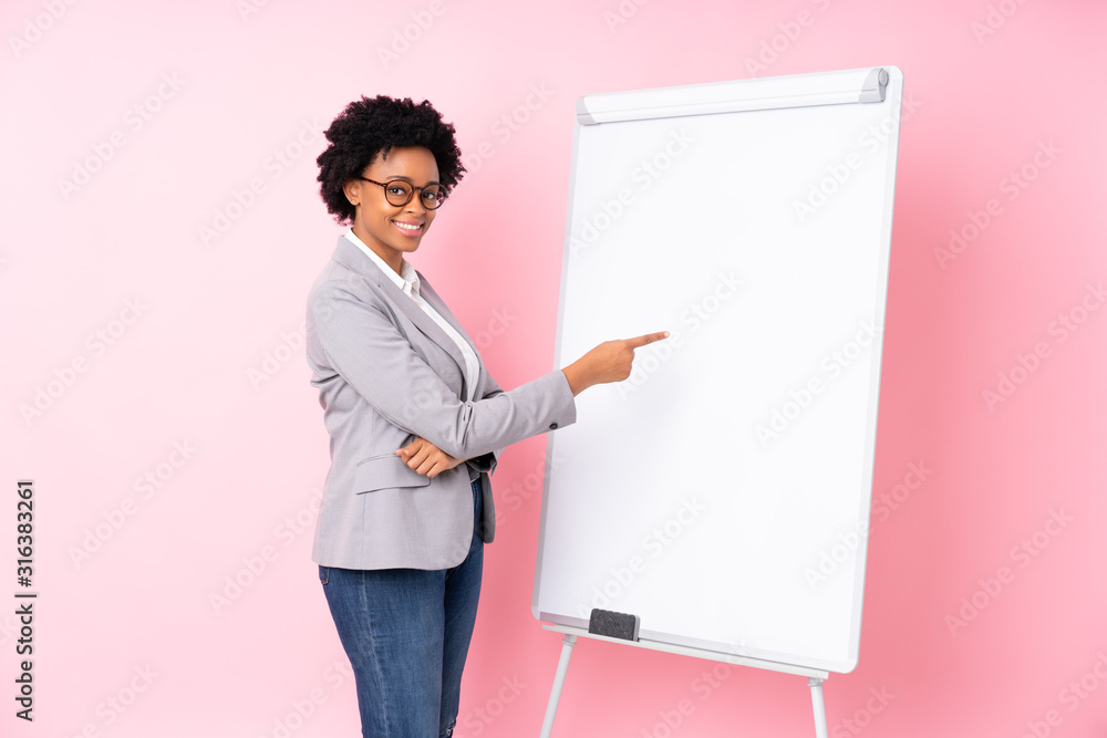 African american business woman giving a presentation on white board ...