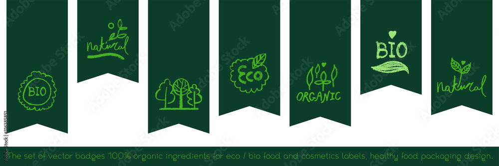 Natural ingredients badge. Emblem organic ingredients with vector leaf ...