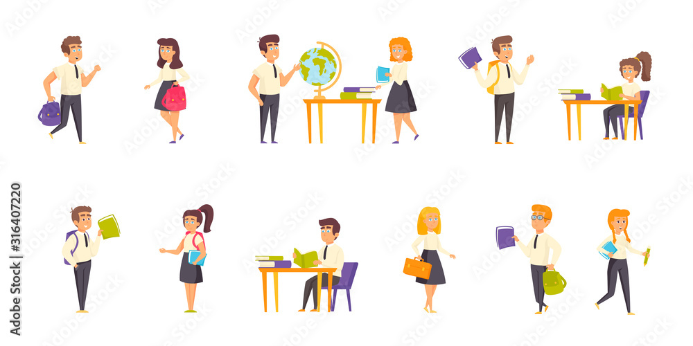 Pupils, schoolchildren flat vector illustrations set. Study, education ...
