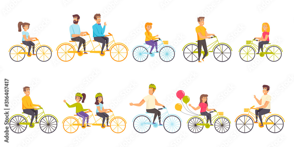 Bicyclists flat vector illustrations set. Sport activity, recreation ...