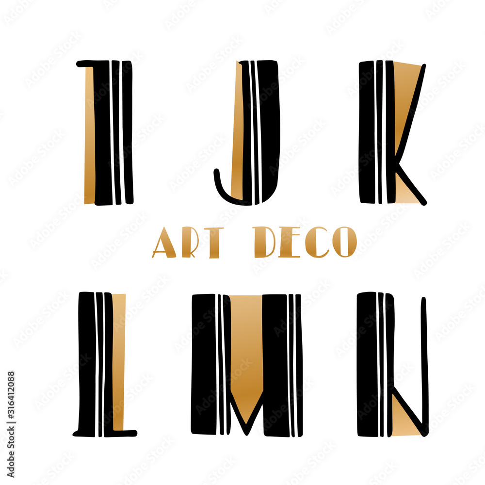 Art deco gold retro letters, alphabet. Hand drawn vector creative ...