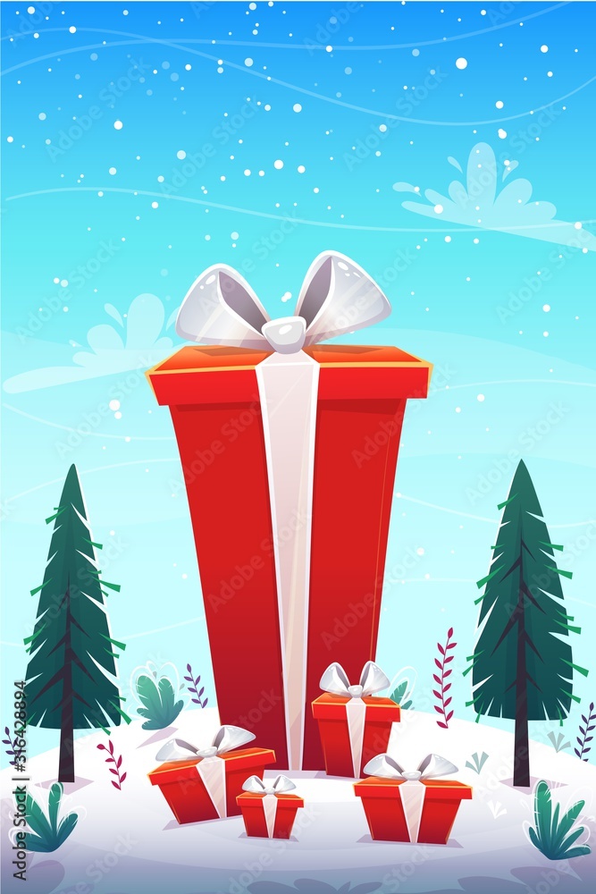 Stack pile of gift boxes at winter snow forest nature background ...