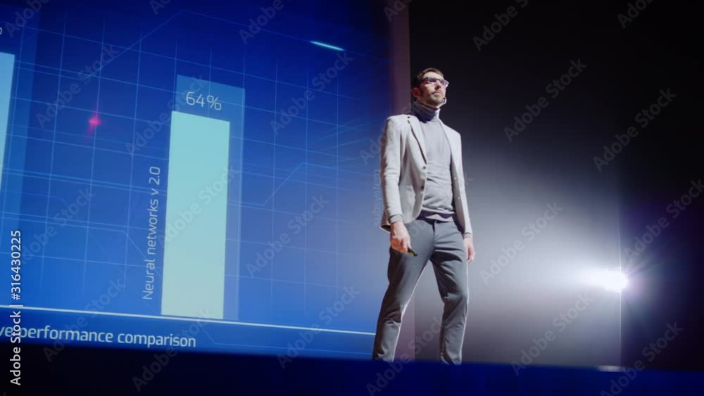 On-Stage Speaker Greets Audience, Presentation of Technological Device ...