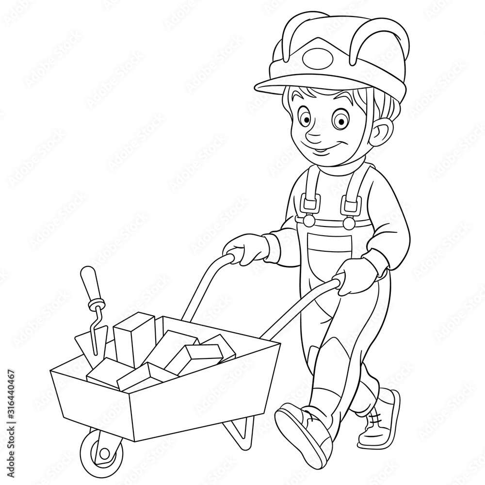 coloring page with builder carrying bricks Stock Vector | Adobe Stock