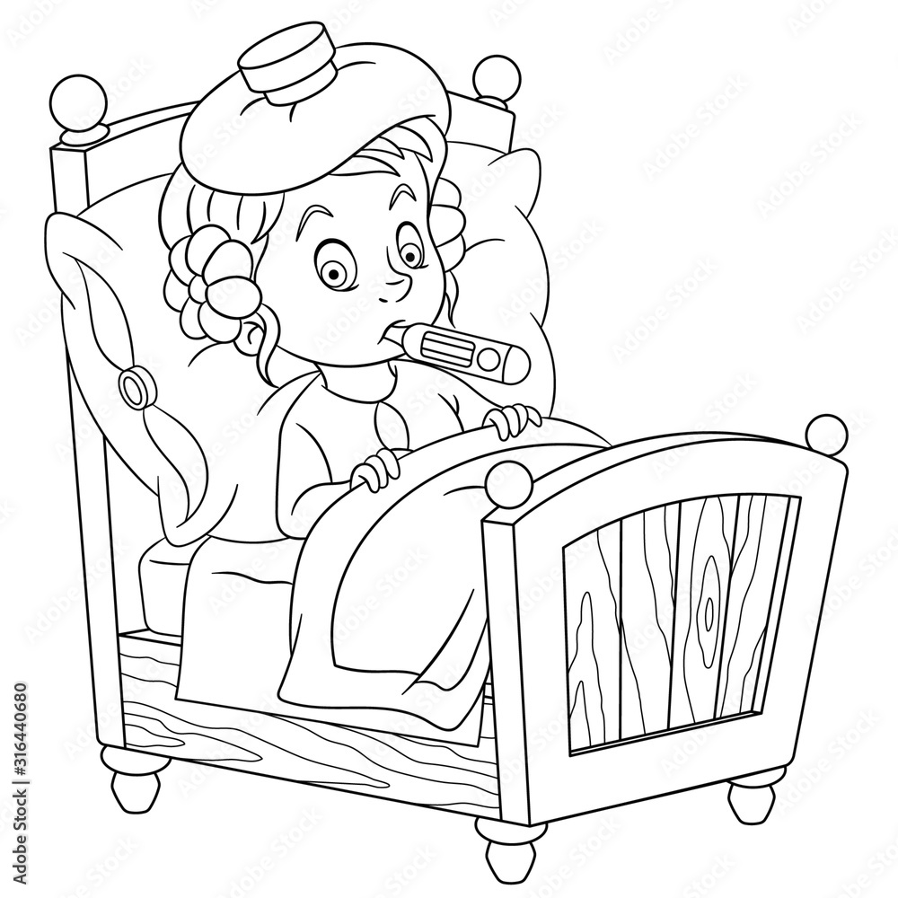 coloring page with ill girl with fever Stock Vector | Adobe Stock