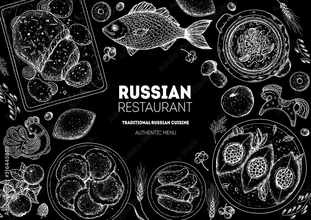 Russian cuisine top view frame. Food menu design elements. Traditional ...
