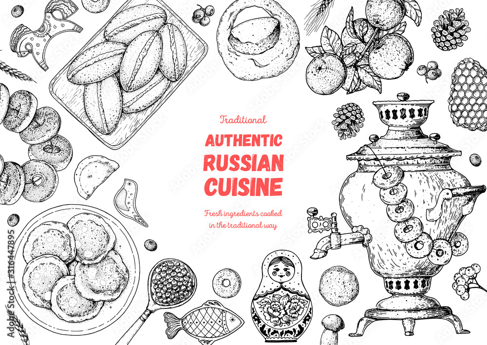 Russian cuisine top view frame. Food menu design elements. Traditional ...