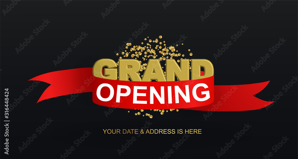 Grand opening invitation concept with gold letters and golden confetti ...