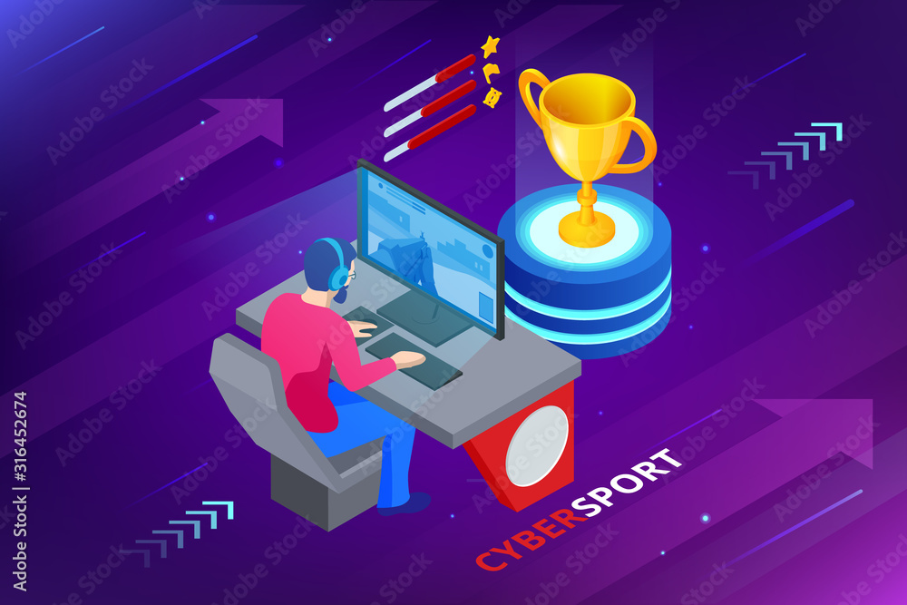 Isometric Cybersports competition. Cybersport arena with gamers. Online ...