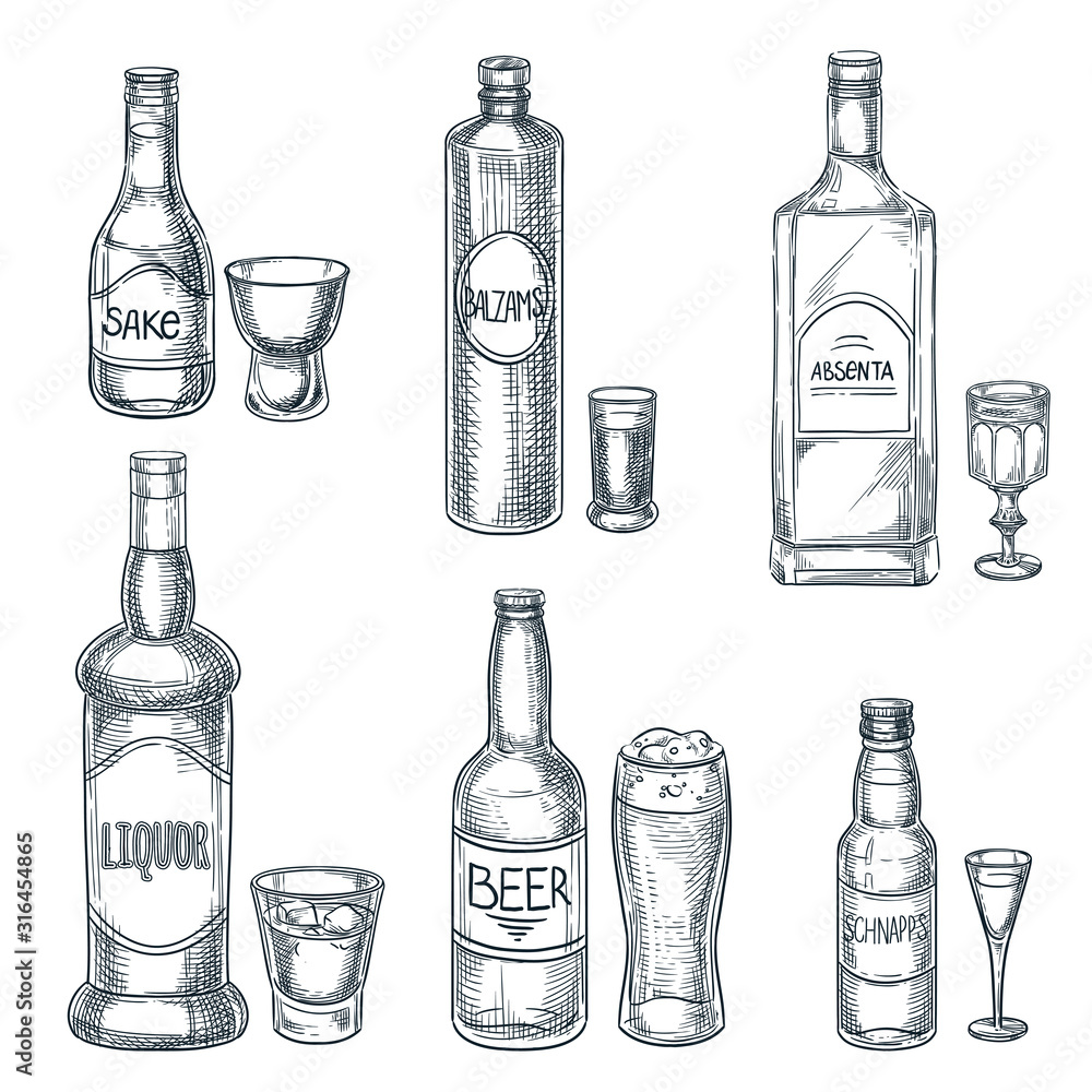 Alcohol drink bottles and glasses. Vector hand drawn sketch isolated ...