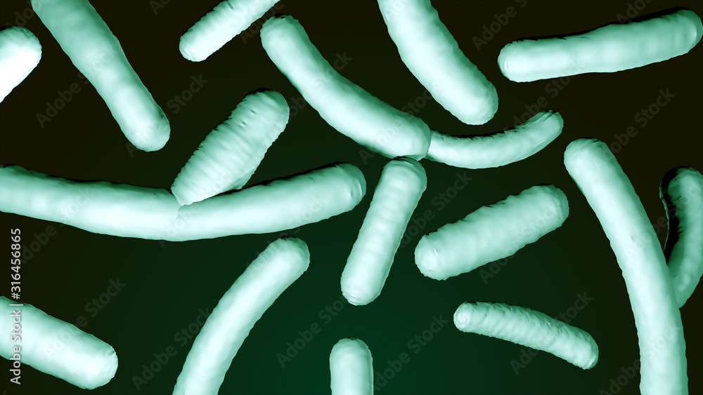 Probiotic lactobacilli under microscope. Scientific 3d medical render of bacterias floating on ...