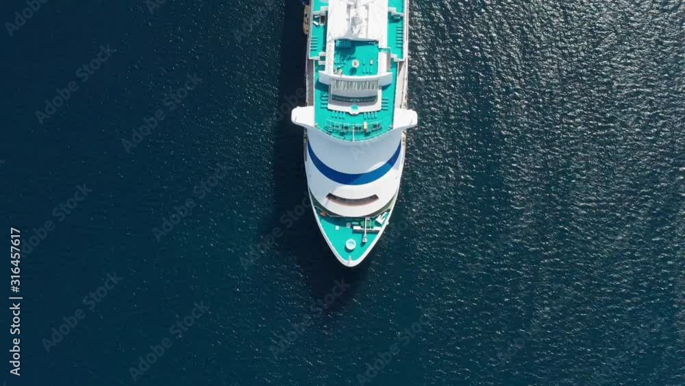Overhead view above the bow of German cruise ship moored in the port of ...