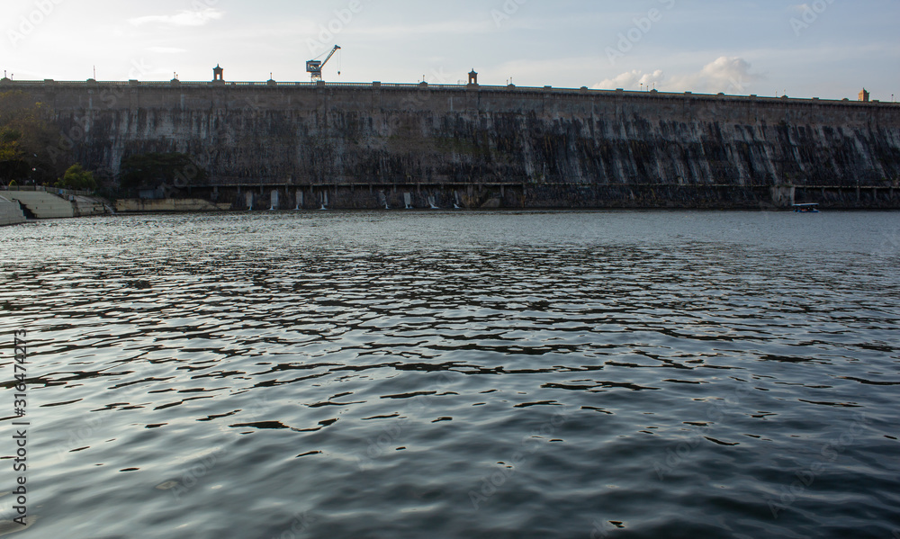 Beautiful view of the majestic Krishna Raja Sagara dam in Mysore, Karnataka, India. The lake of ...