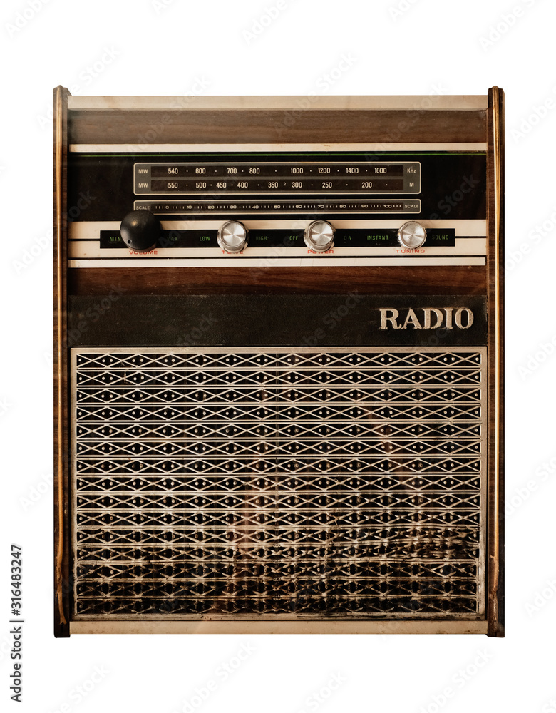 Vintage radio receiver - antique wooden box radio isolate on white with ...