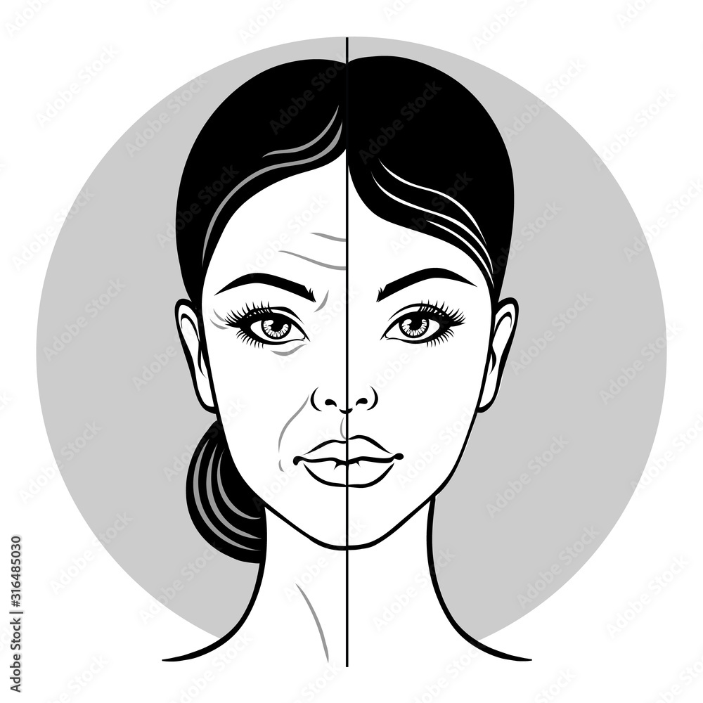 Half old woman portrait, half young woman face. Woman face before and ... Half old woman portrait, half young woman face. Woman face before and ...