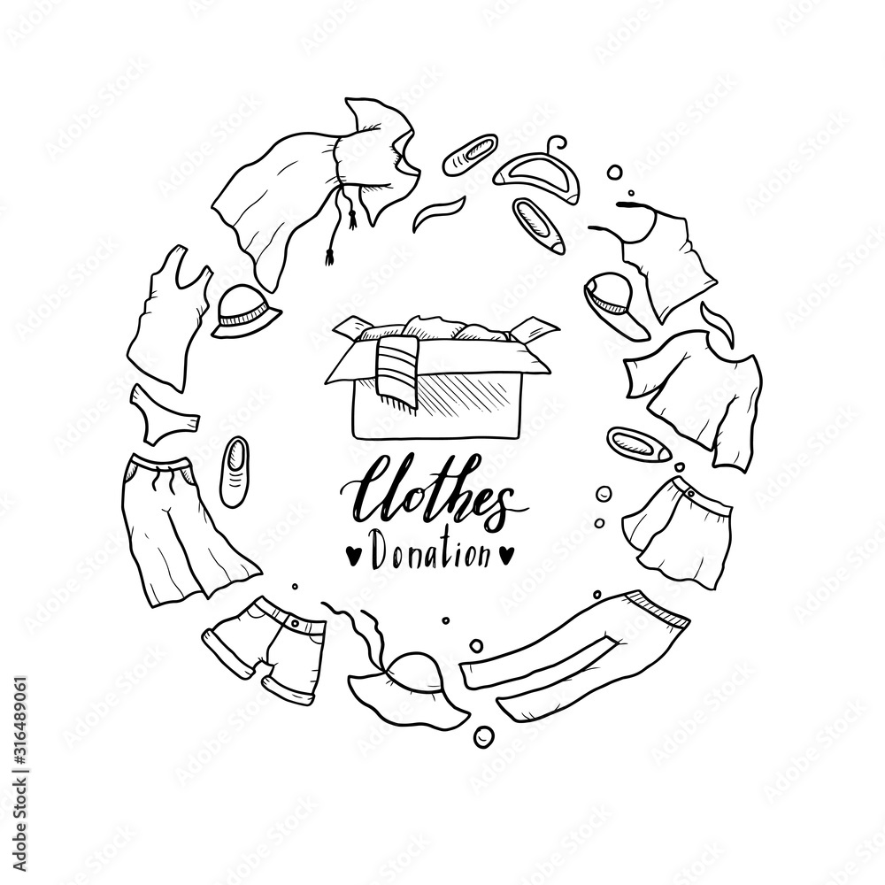 Hand drawn illustration of clothes donate, charity, care concept ...