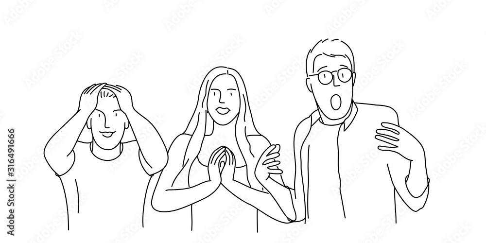Line drawing of emotional group of people. Vector illustration. Stock ...