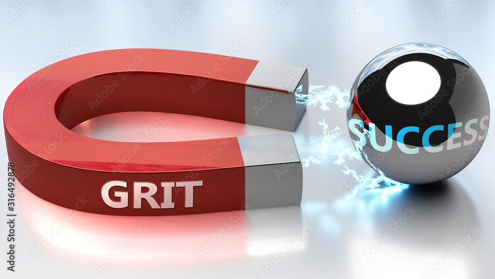 Grit helps achieving success - pictured as word Grit and a magnet, to ...