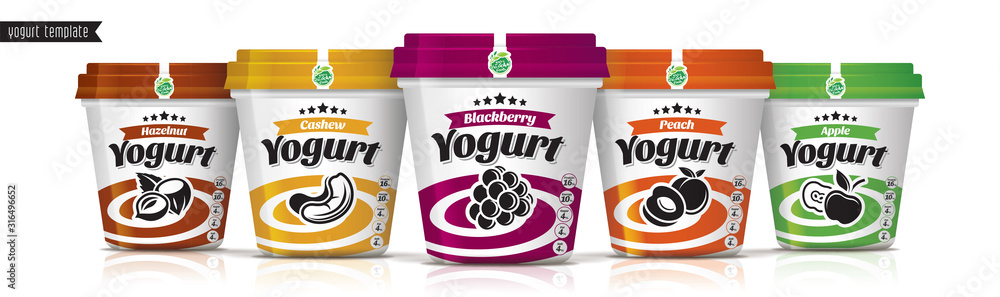 Yogurt vector packaging design. Fruit and nuts yogurt set. Stock Vector ...
